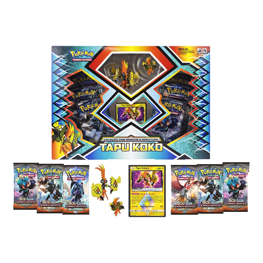 Box Pokémon Original Com Broche E Miniatura Esculpida Tapu Koko Sol E ...