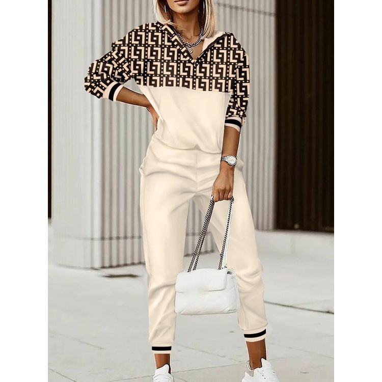 Fashion Mulheres Estampa Conjunto De Duas Peças Zíper De Outono Inverno
