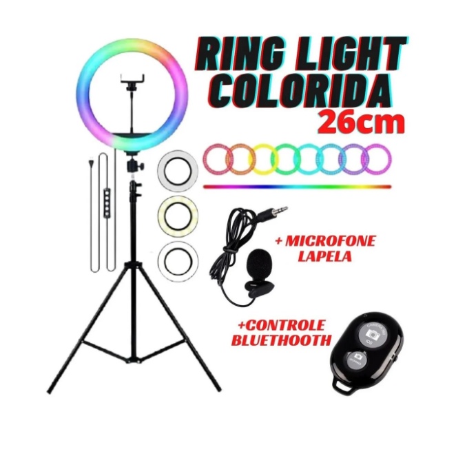 Ring light Rgb Colorida 26cm 10 Polegadas + Tripé 2m + Controle Bluetooth + Microfone de Lapela ...