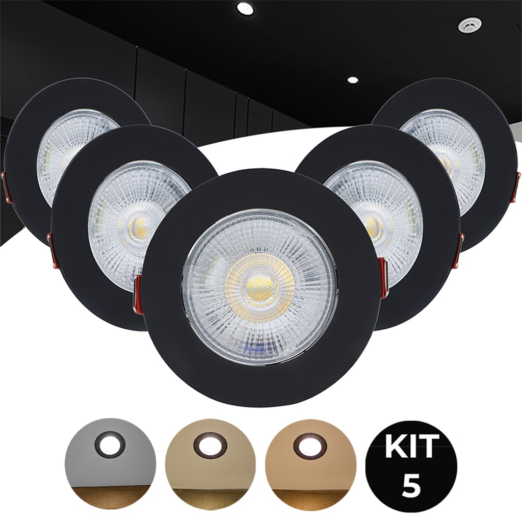 Kit 5 Spot Led Capa Preto 5w Direcionável Redondo Luz Forte | Shopee Brasil