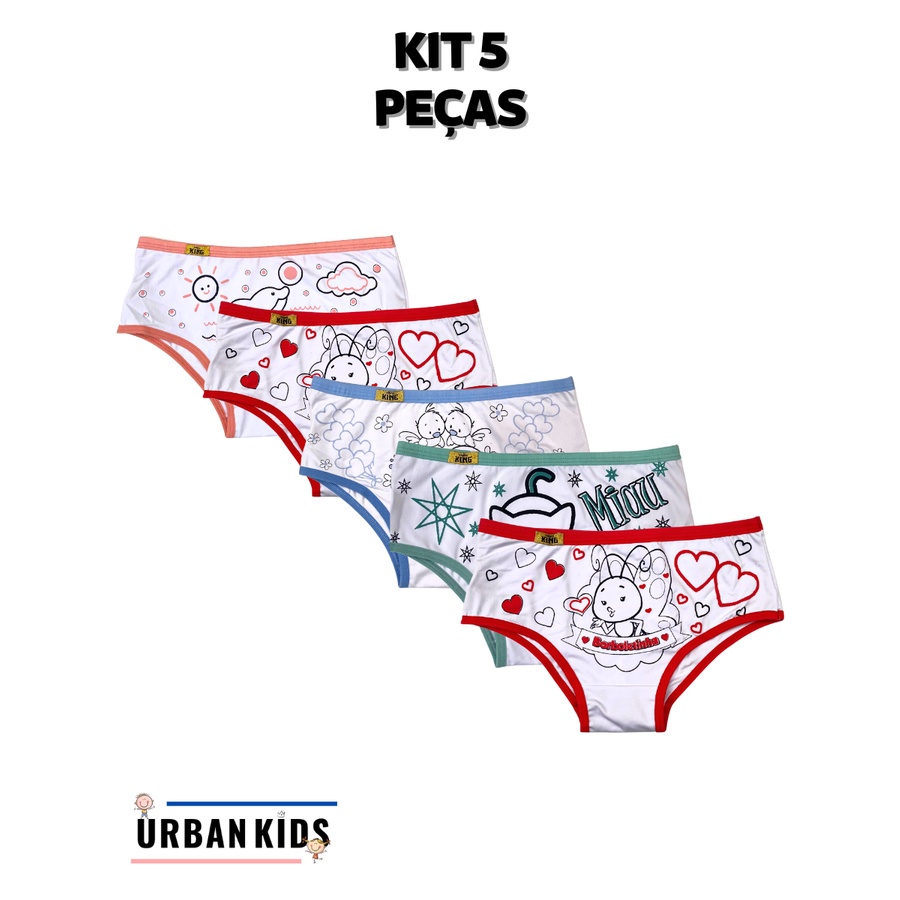 Kit 5 Calcinhas Infantil Sublimada Estampa De Bichinho Viés Colorido ...