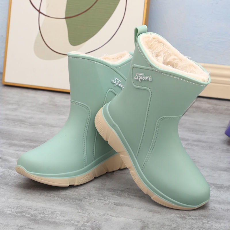 Botas De Chuva Femininas Cano Médio Coreano De Moda Lã Quente Sapato ...