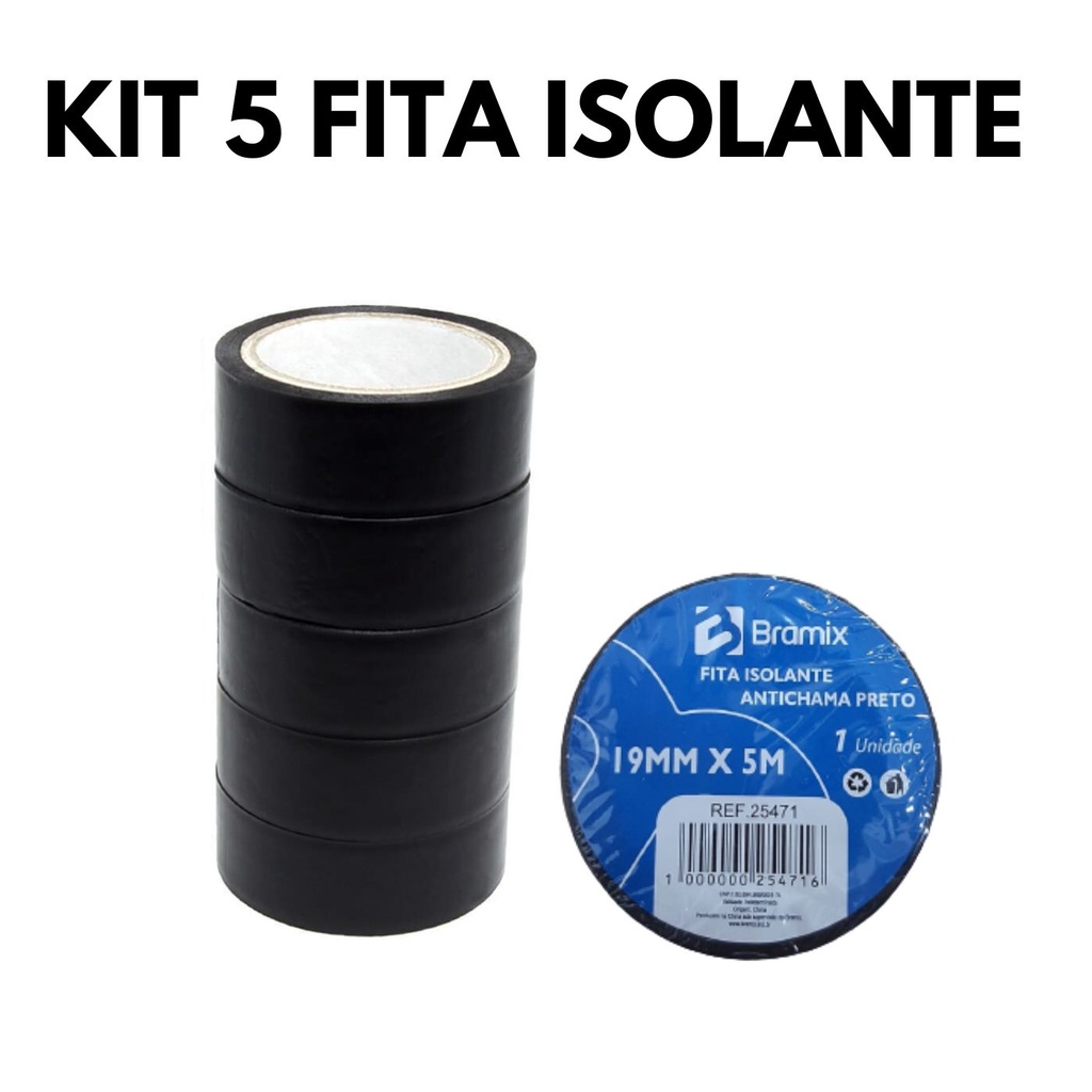 Kit 5 Un Fita Isolante Antichama Preta 19mm X 5mt - Bramix | Shopee Brasil
