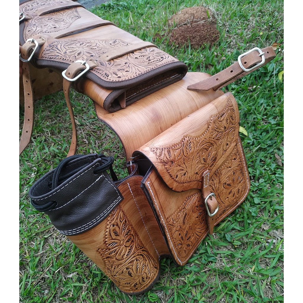Alforge de Couro Legítimo Entalhado Porta Capa Porta Bebidas Para Sela ...