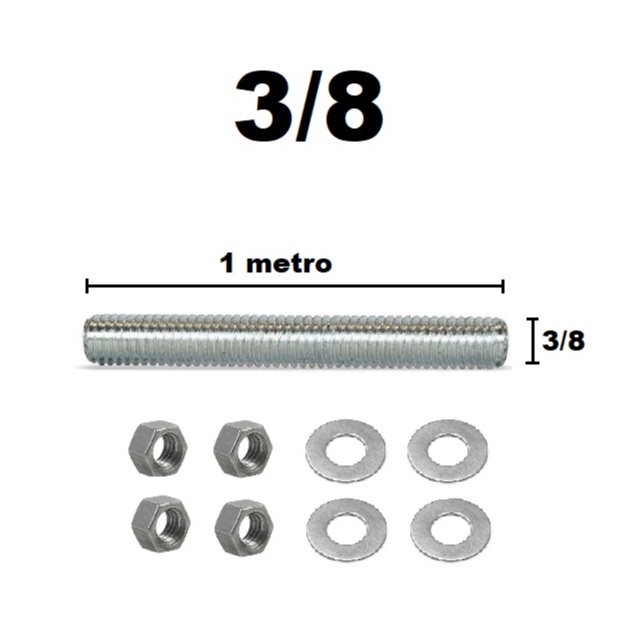 Barra Roscada 1 Metro 3/8 Rosqueada Zincada com 4 Porcas e 4 Arruelas ...