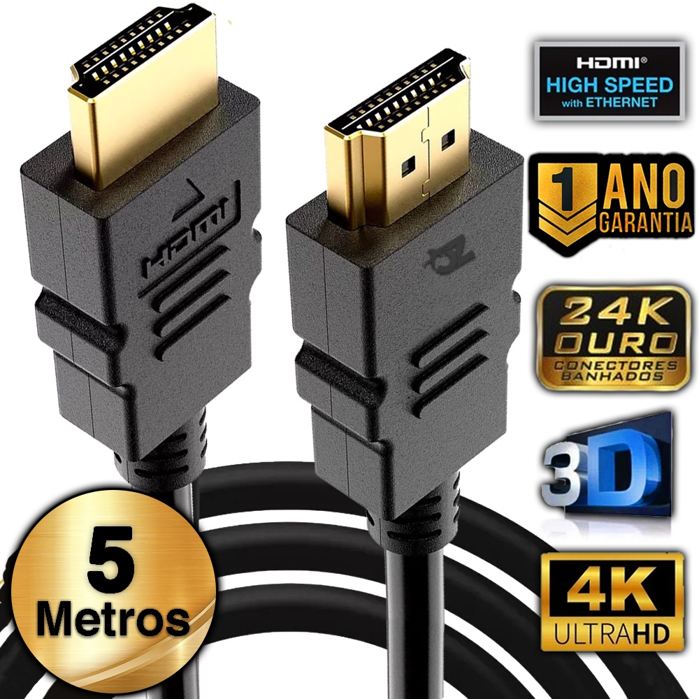 Cabo Hdmi 5 Metros 4k Tv Ps4 Ps5 Xbox Alta Resolução Full Hd Com 19 ...