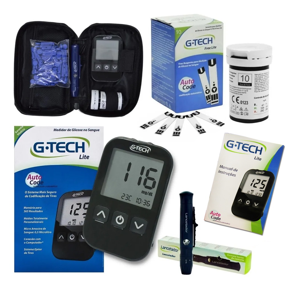 Kit Medir Glicemia Gtech + 10 Tiras + 10 Lancetas Completo | Shopee Brasil