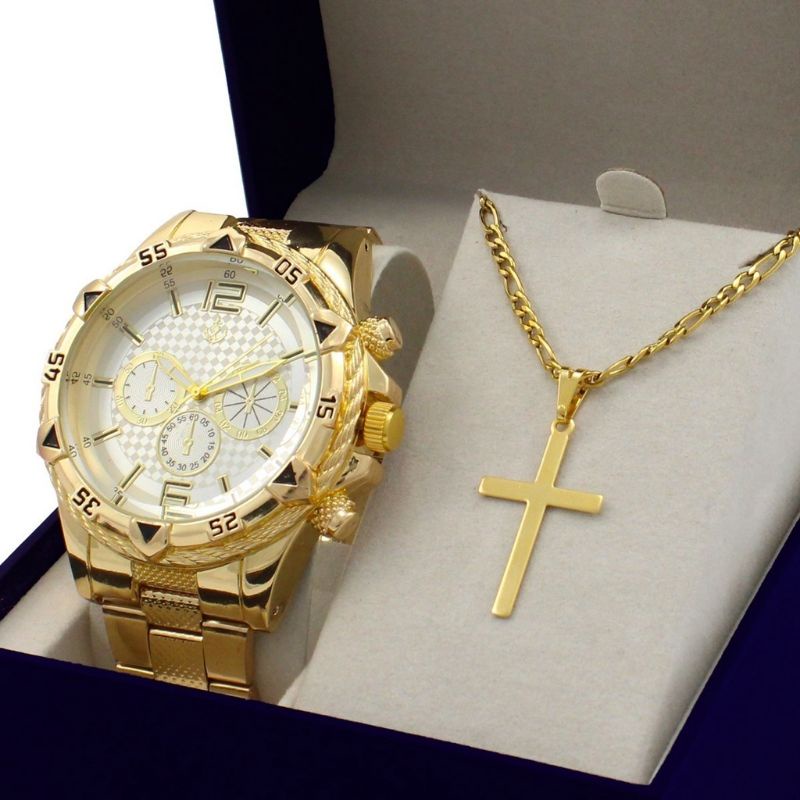 Relogio masculino dourado + colar cruz banhado 18k original | Shopee Brasil