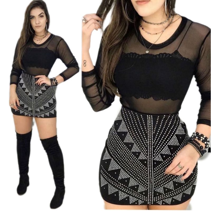 Conjunto de 3 peças cropped, body, saia com aplicação strass ASPE020 ...