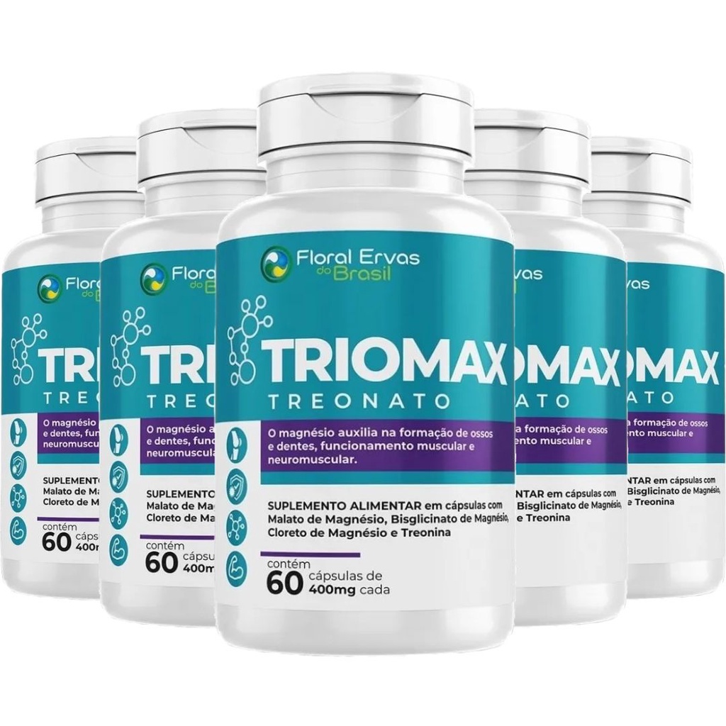 KIT C/5 Un Magnésio L Treonato 260mg Triomax 300 Caps Auxilia Na ...