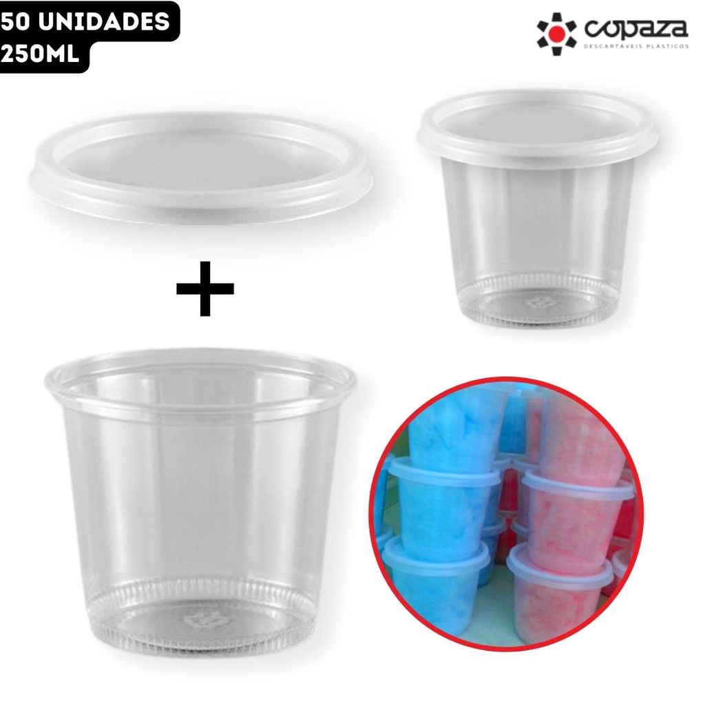 Kit 50un Pote Plástico P07 Redondo 250ml + Tampa TP07 Sobremesa Copaza | Shopee Brasil