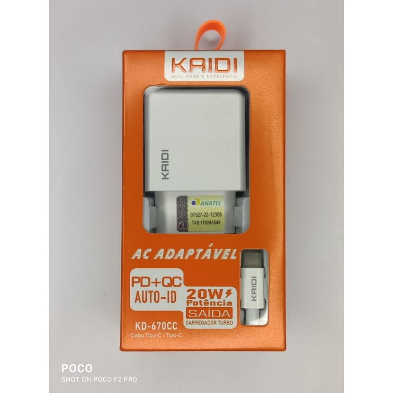 Carregador KAIDI kd-670cl /kd670cc Ultra Rápido Duo, 1 X USB-C Power y 20W, | Shopee Brasil