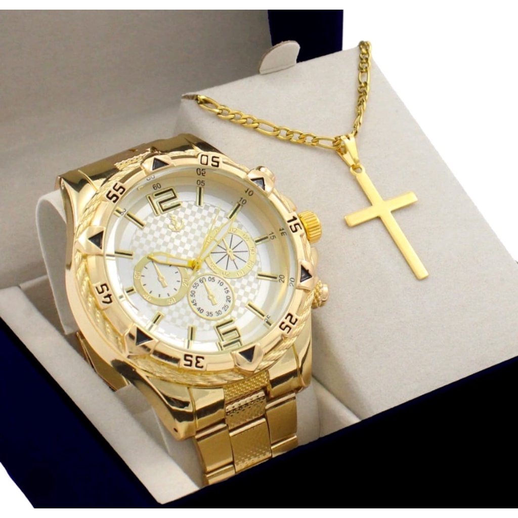 Kit Relogio Masculino + Corrente Cruz Dourado | Shopee Brasil