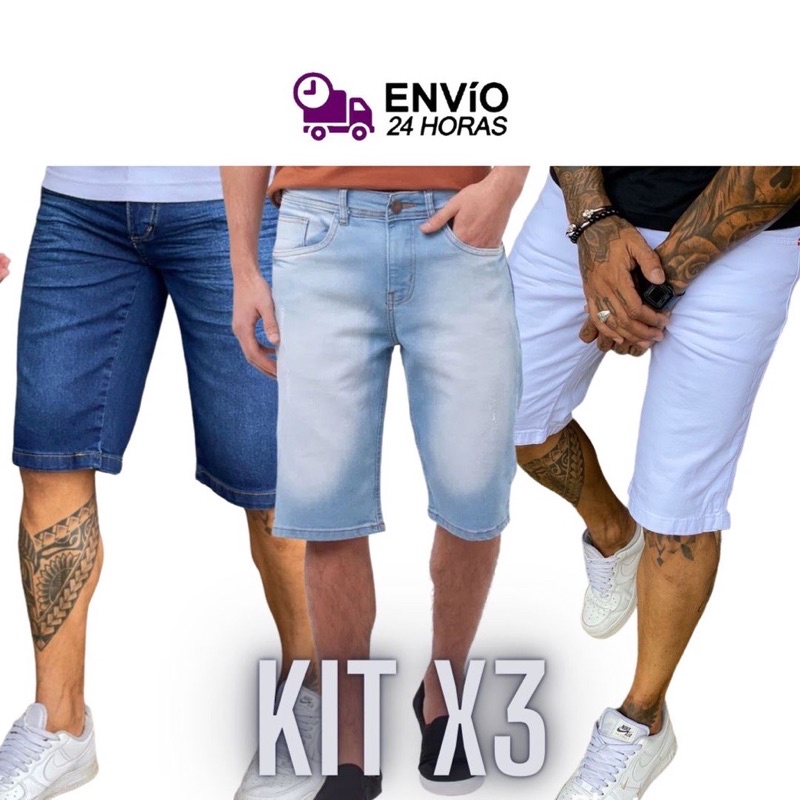 kIT 3 Bermuda Masculina Jeans Slim Com Lycra Elastano | Shopee Brasil