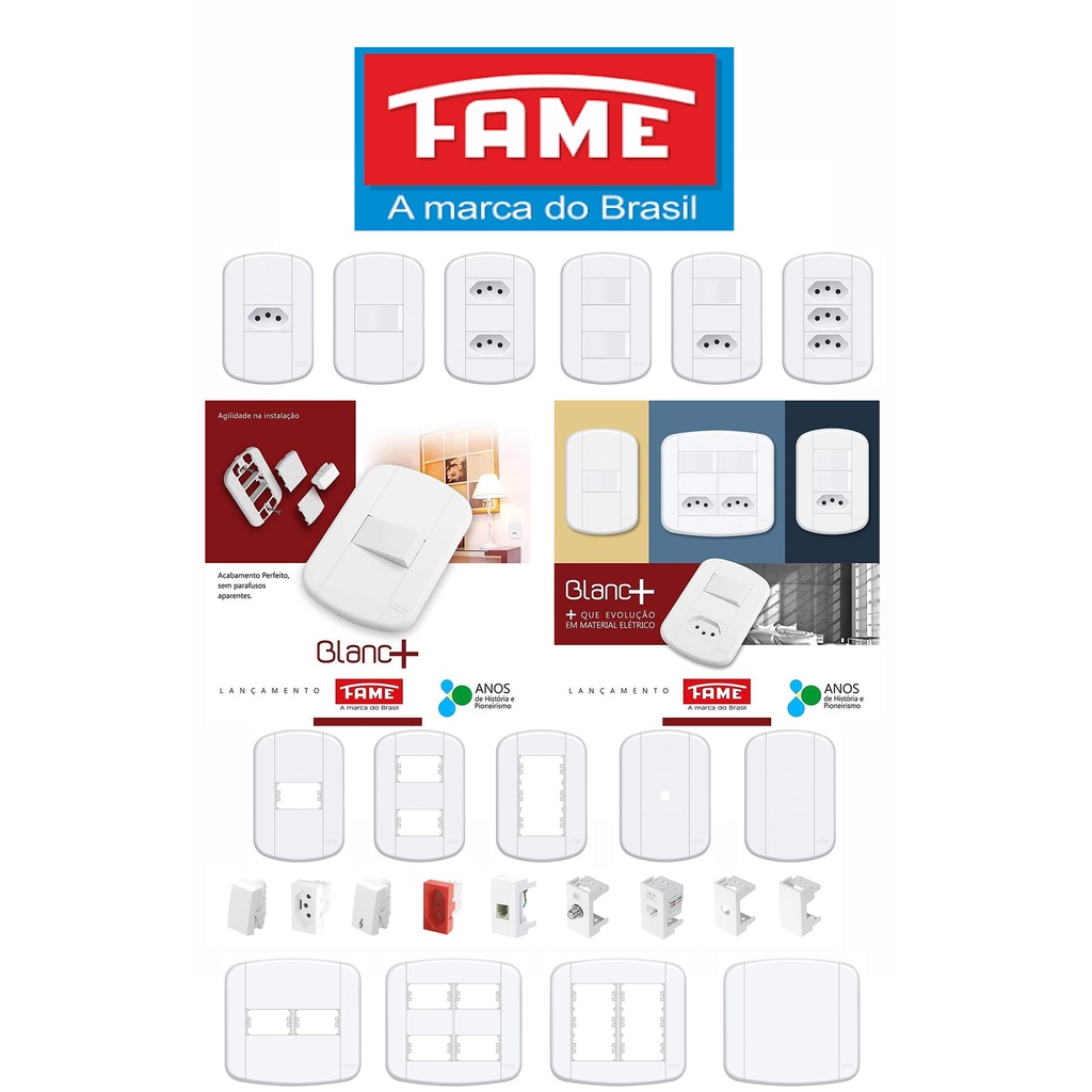 Tomadas 10A teclas placas e interruptores - Fame Linha Blanc+ Cor ...