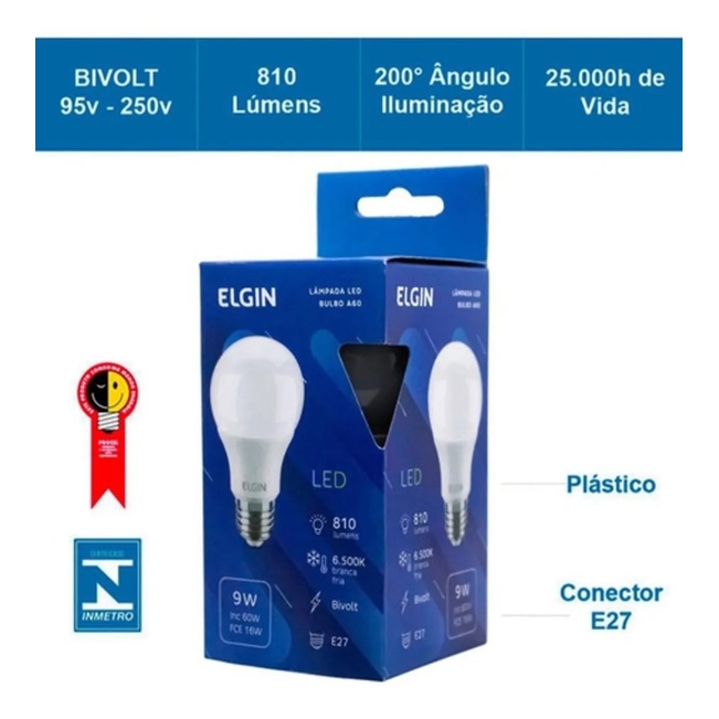 lampada Led Elgin 9W 6500K Bivolt E-27 A60 Bulbo | Shopee Brasil