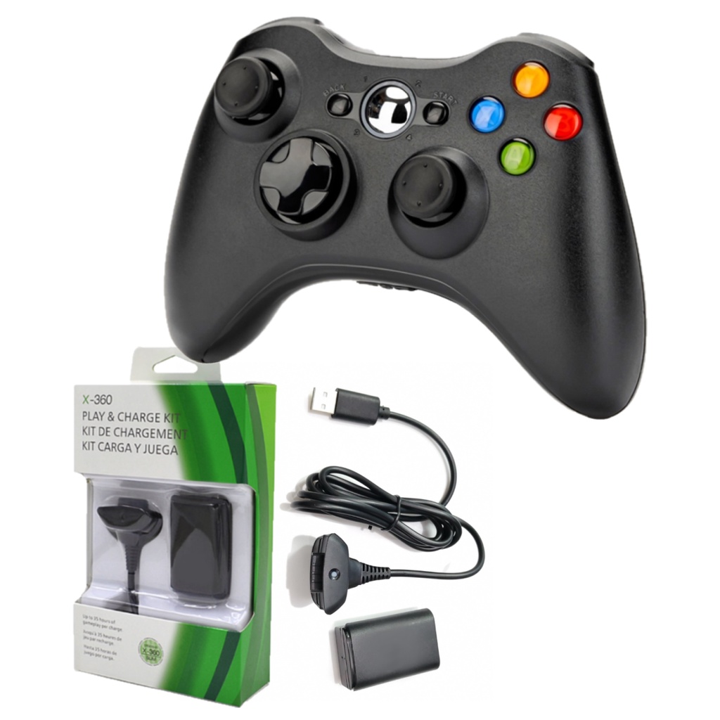 kit controle manete xbox 360 sem fio + bateria recarregável cabo ...
