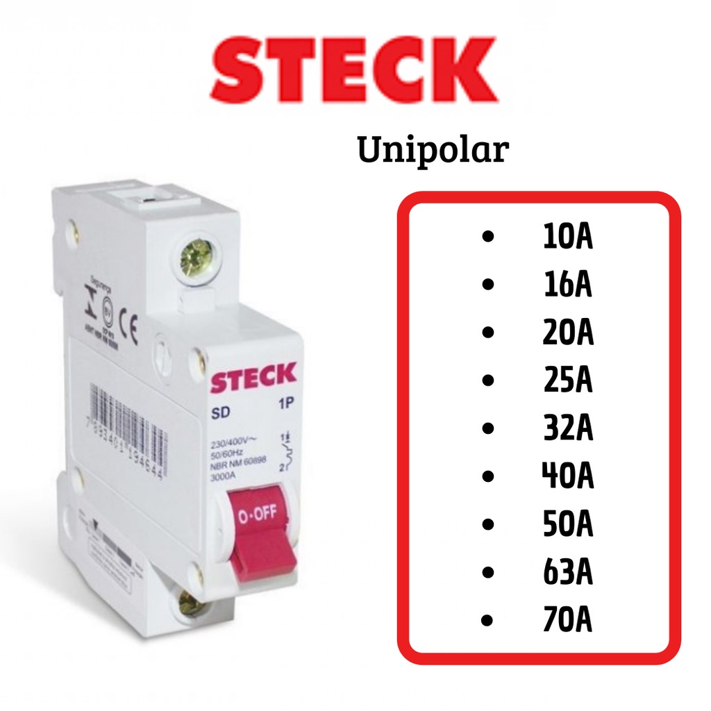 Disjuntor Steck Curva C Unipolar 10a, 16a, 20a, 25a, 32a, 40a, 50a e 63a | Shopee Brasil