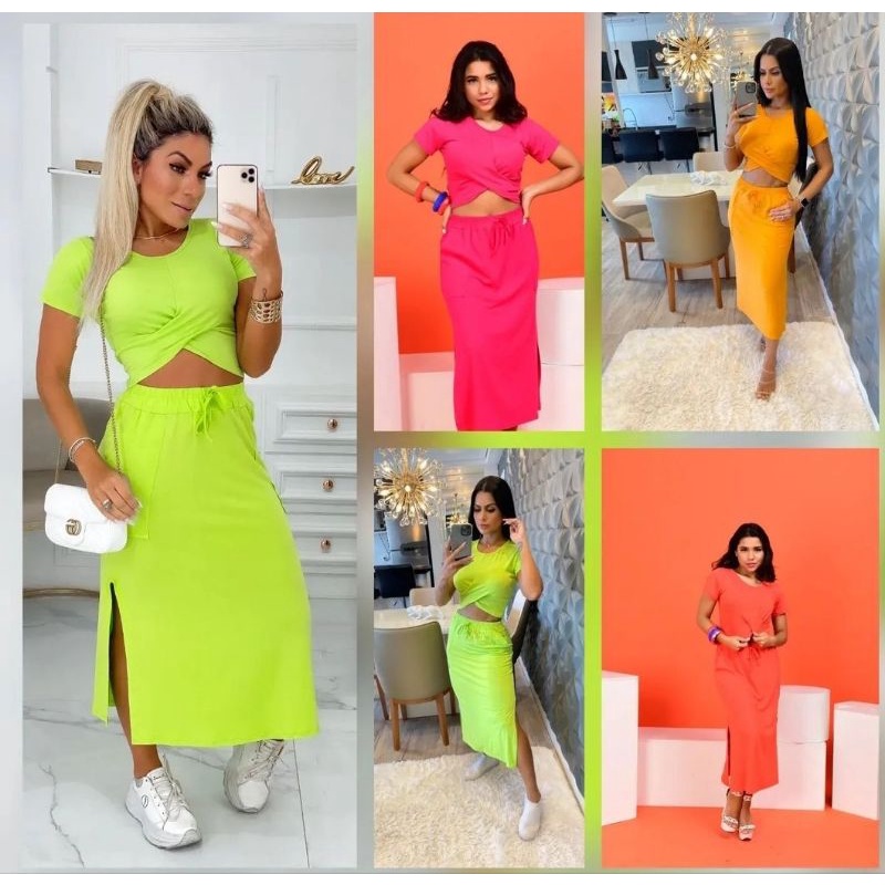 Conjunto cropped transpassado e saia longa com Fenda Lateral Malibu | Shopee Brasil