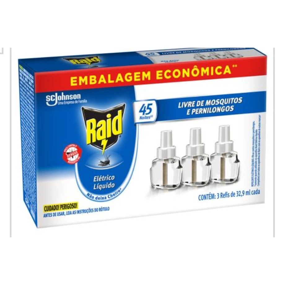 Repelente Raid liquido 45 noites caixa com 3 unidades 32,9 ml cada ...