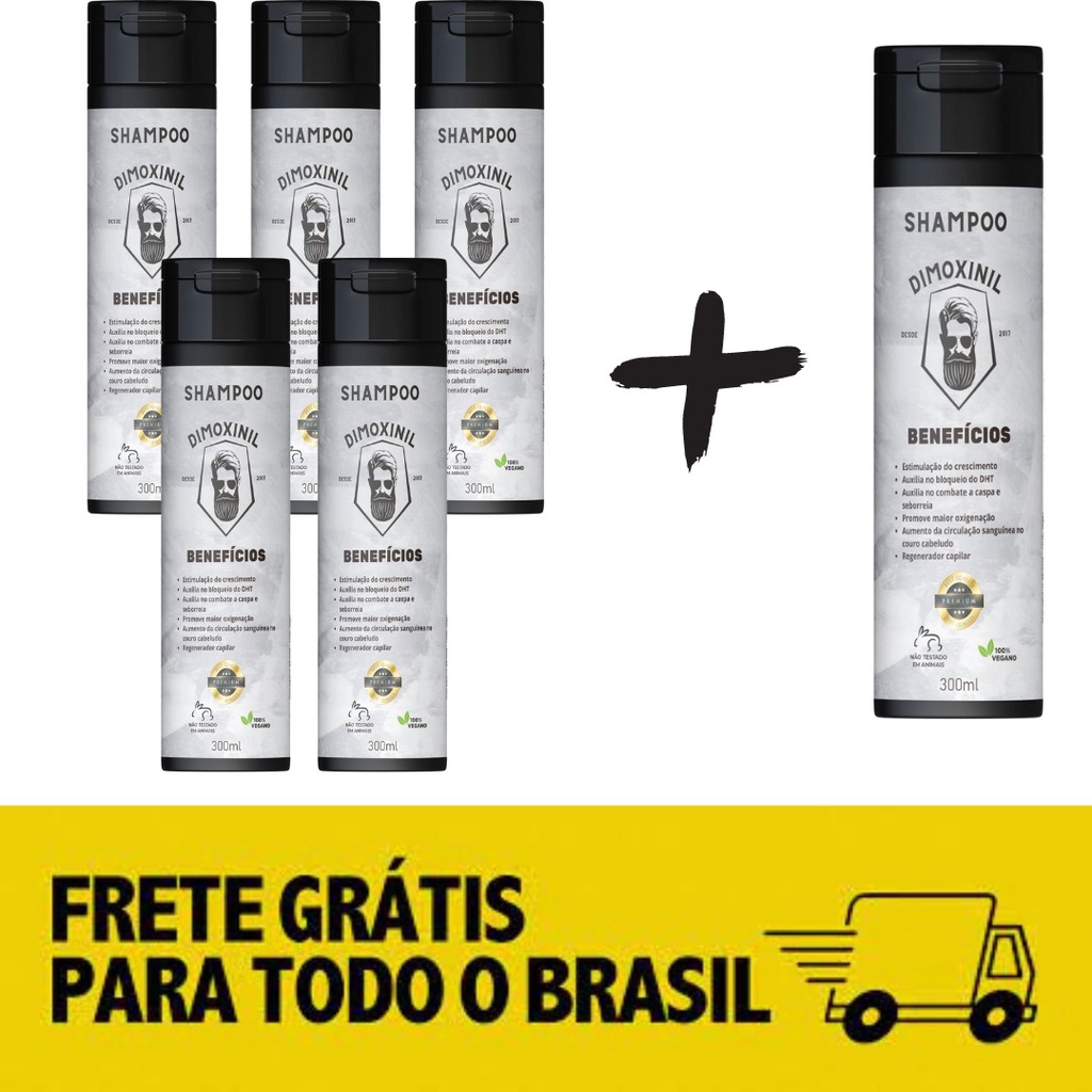SHAMPOO DIMOXINIL - BLOQUEADOR DO DHT, E ANTICASPA - 5 FRASCOS + 1 ...