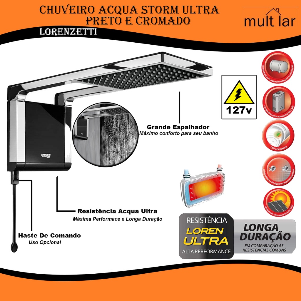 Chuveiro 127v 5500w Acqua Strom Ultra Lorenzetti Preto e Cromado Mod ...