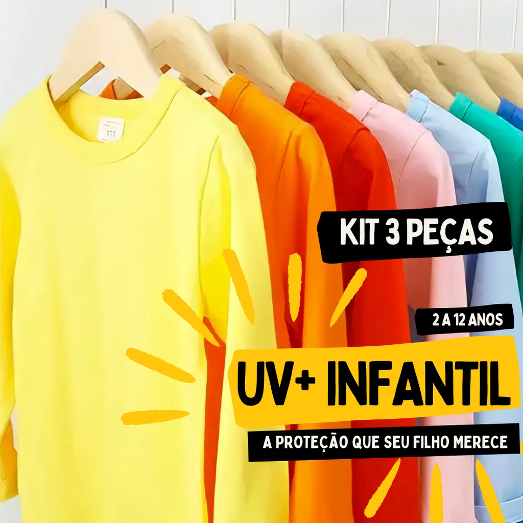 Kit 3 Camisas UV Infantil - 2 a 12 anos - Masculino e feminina - Menino - bebe - Blusa UV ...