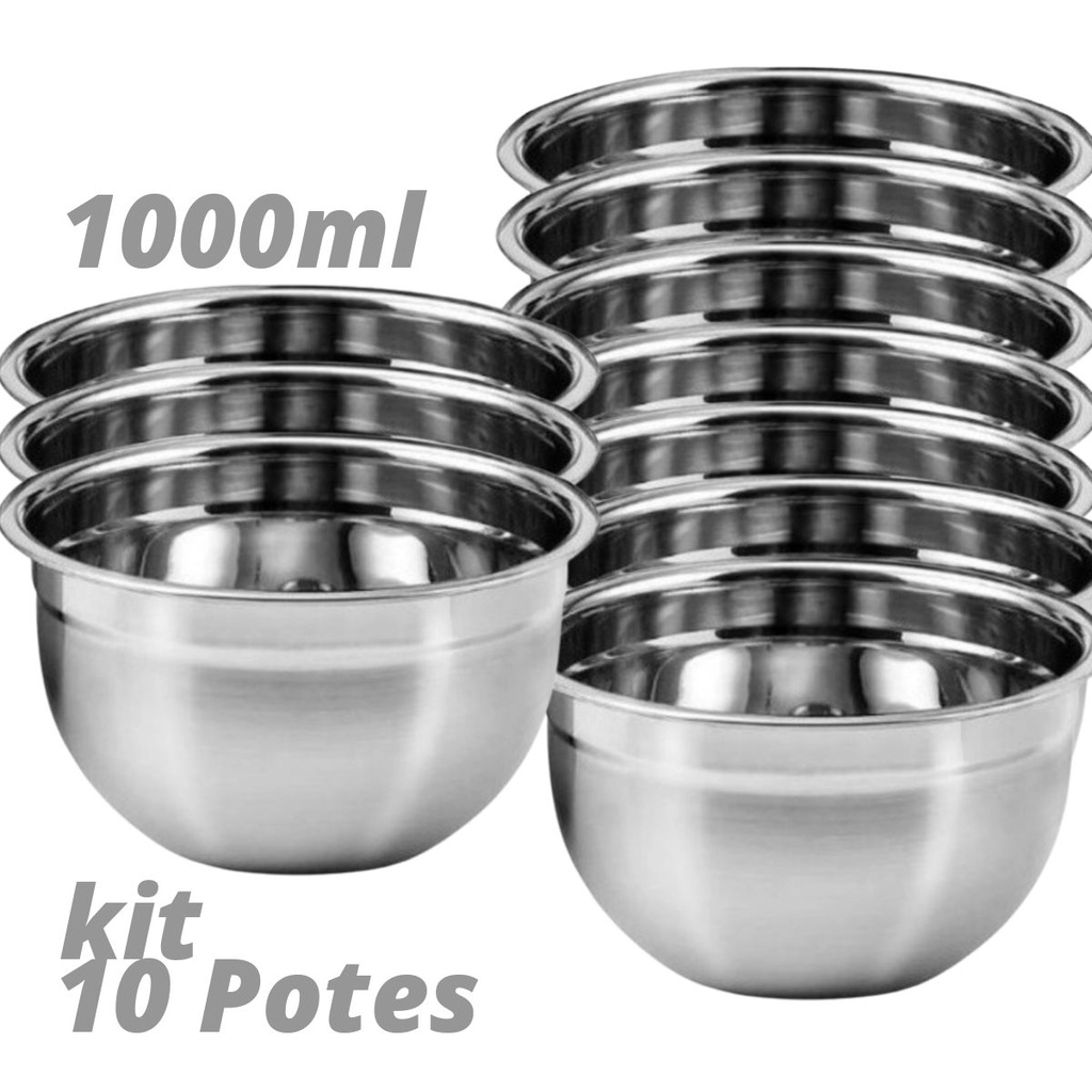 Kit 10 Tigelas Bowl Inox Multiuso Cumbuca Bacia P/Salada Massa1000ML ...