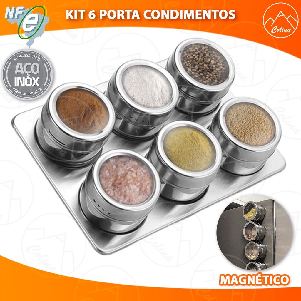 Kit 6 Porta Tempero Porta Condimento Inox Magnético Com Imã Para ...