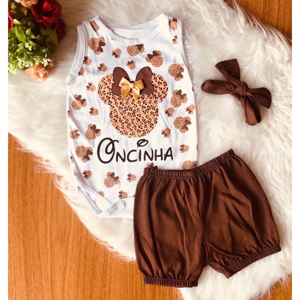 Kit body para bebê com shorts e faixa turbante minnie oncinha | Shopee ...