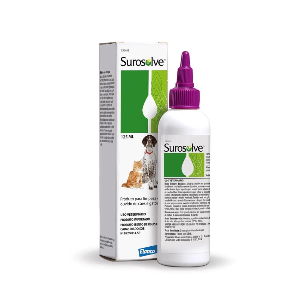 SUROSOLVE LIQUIDO ELANCO LIMPEZA DE OUVIDO CAO E GATO 125ML | Shopee Brasil