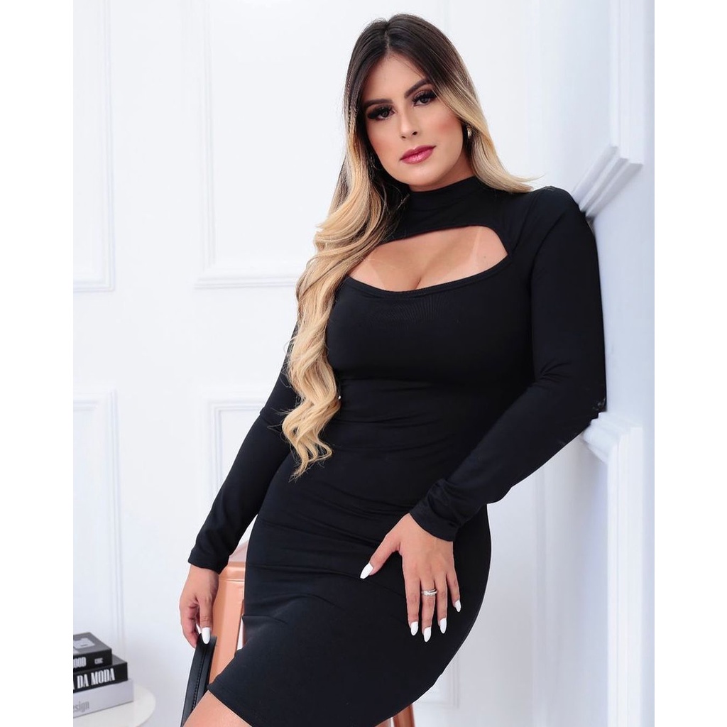 Vestido Manga Longa Decote Vazado Com Gola Suplex Tubinho Colado Moda ...
