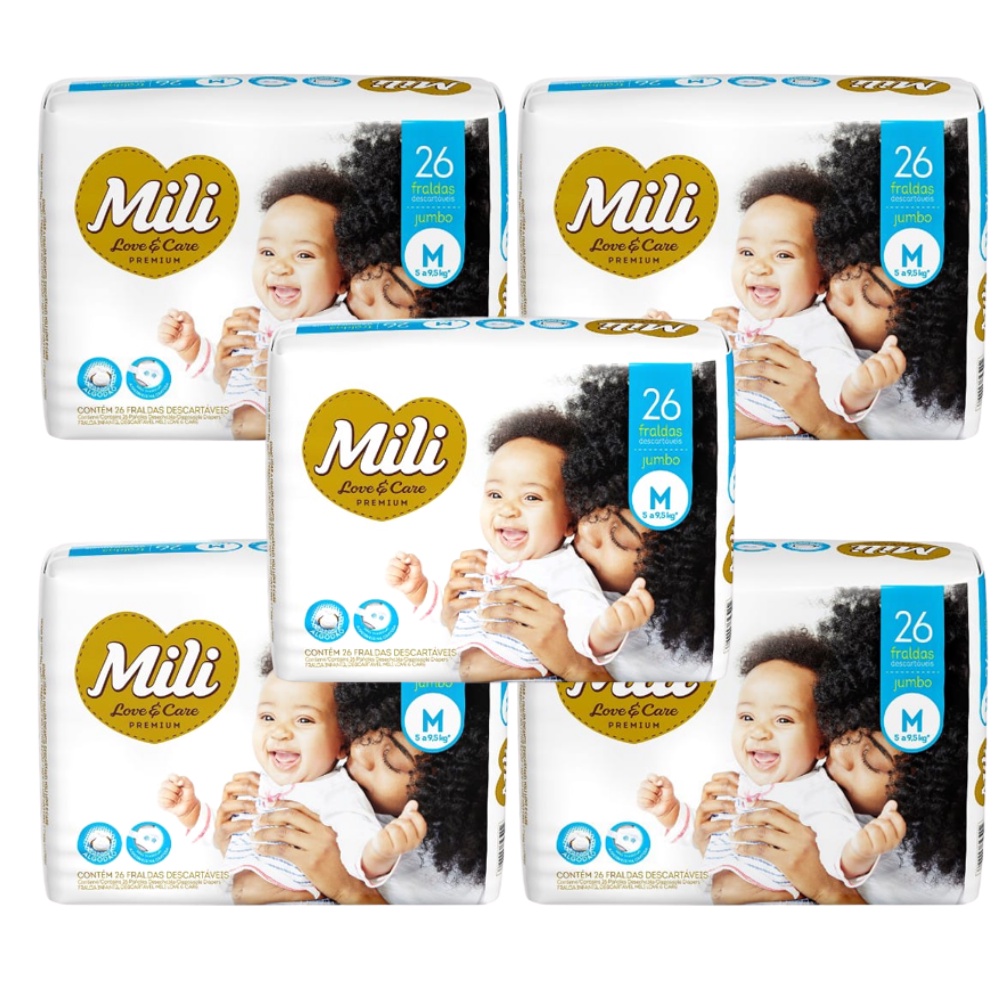 Fralda Descartável Mili- Love& Care Linha Premiun Tam: M 5 Pacotes c/26 ...