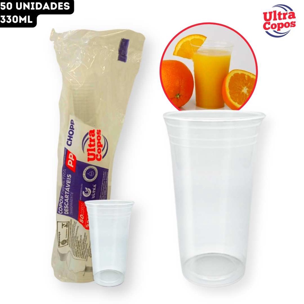 Copo Plástico Descartável Transparente Liso Suco Chopp Ultra Copos - 330ml - pct 50 Unidades ...