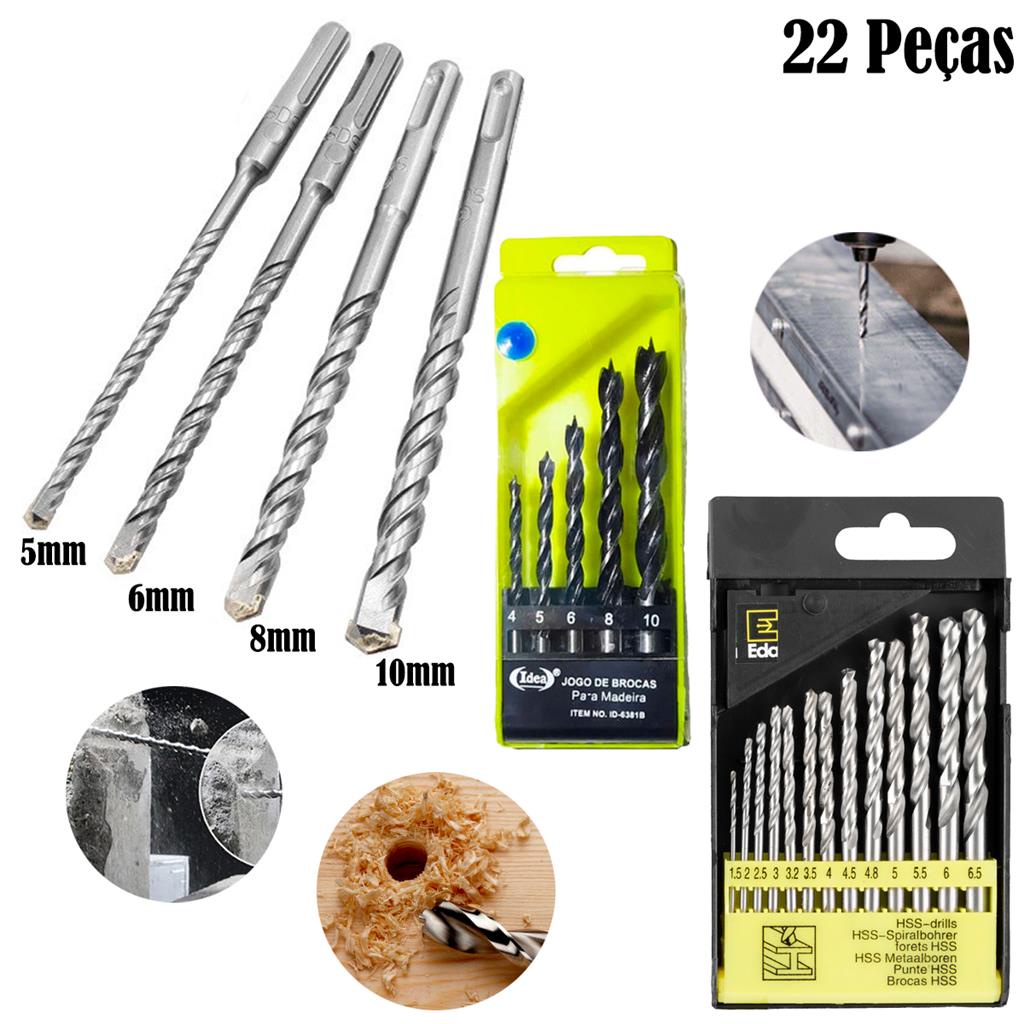 Kit Brocas Parede Concreto Metal e Madeira SDS Plus 22 Peças | Shopee ...