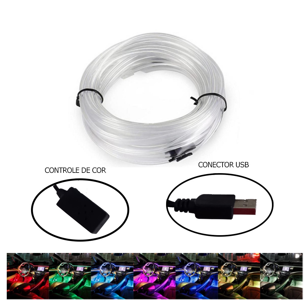 Fita Painel Neon RGB USB Carro Tuning 5 Metros Interior Flexivel ...