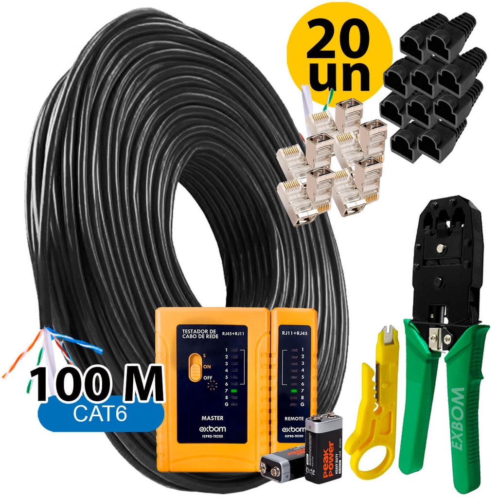 Kit Cabo De Rede Cat6 Utp 100 Metros + Alicate Crimpar + 20 Rj45 Ez ...