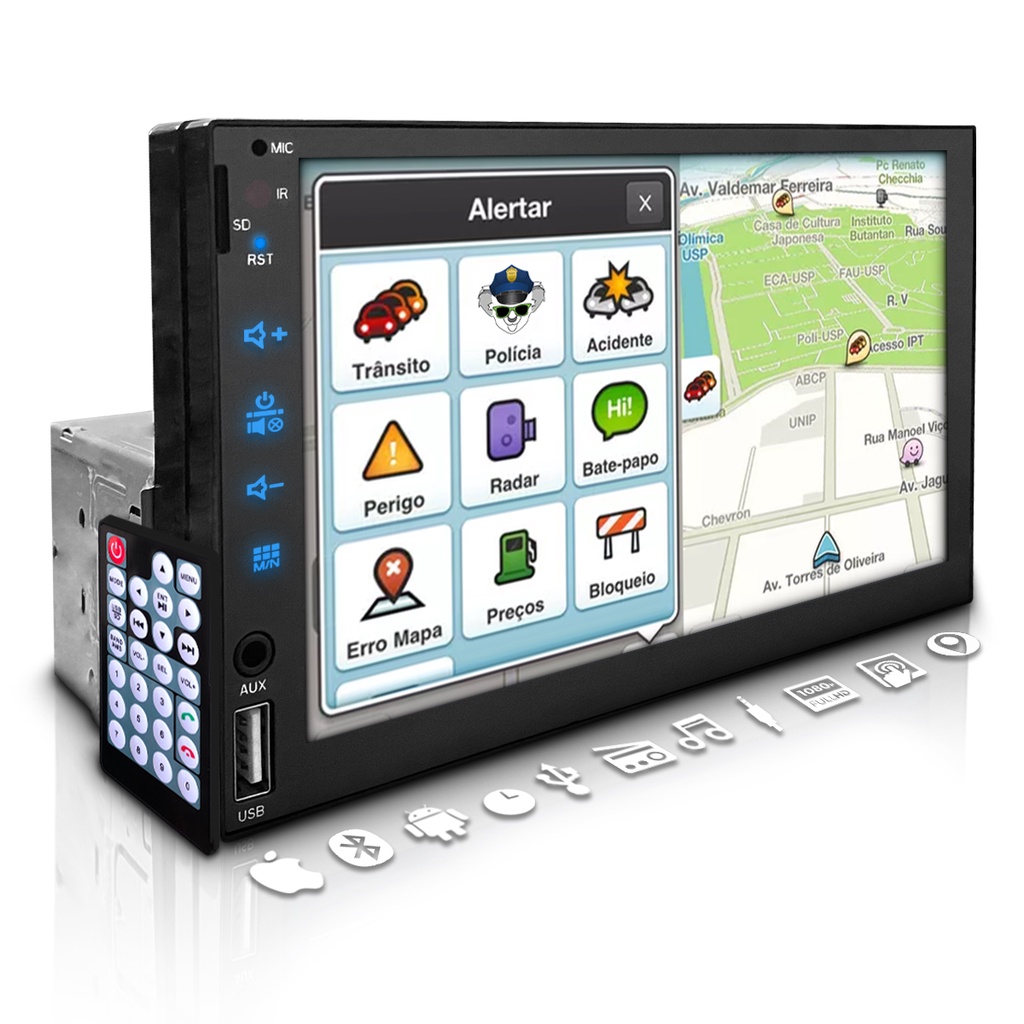 Central Multimídia Universal Mp5 Espelhamento Celular Padrão 1 e 2 Din Tela 7 polegadas Som ...