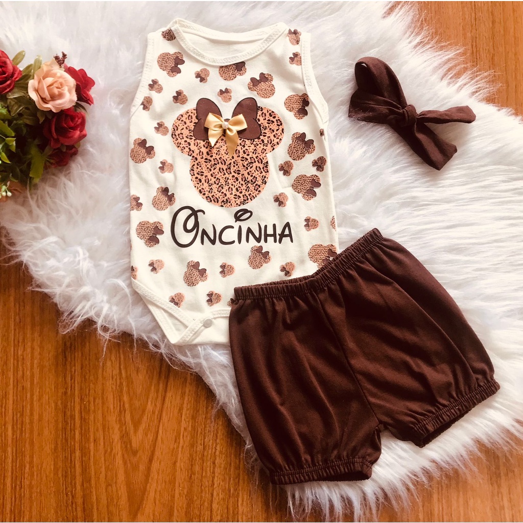 Kit body para bebê com shorts e faixa turbante minnie oncinha | Shopee ...