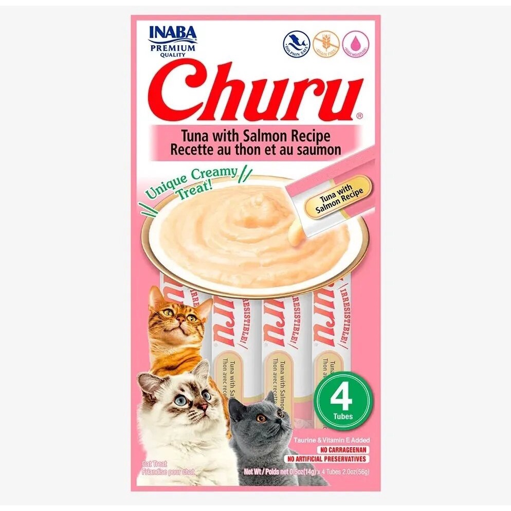 Petisco Churu Inaba Sabor Atum E Salmão Para Gatos 4 Tubos - 14g cada tubo | Shopee Brasil