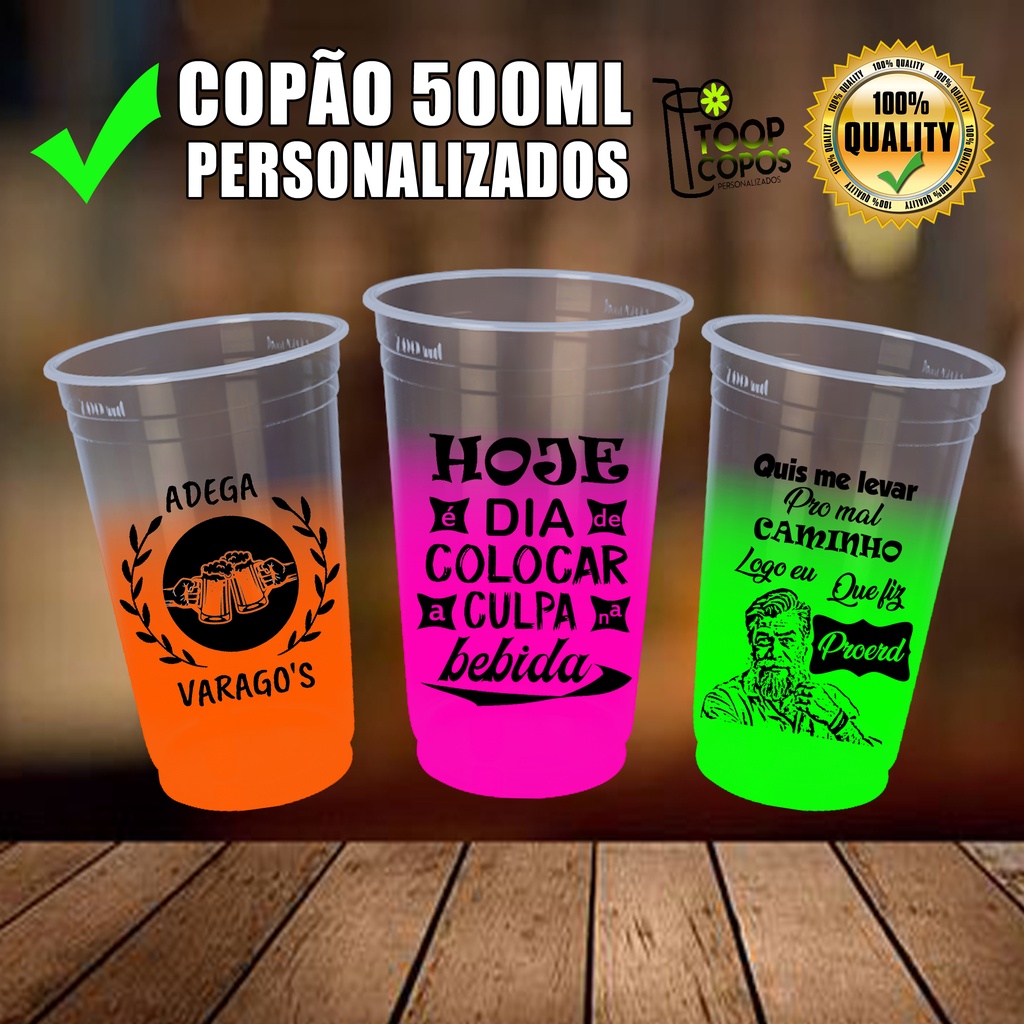 KIT 100 Copos PERSONALIZADOS Descartável NEON COLORIDO Degradê 500ml ...