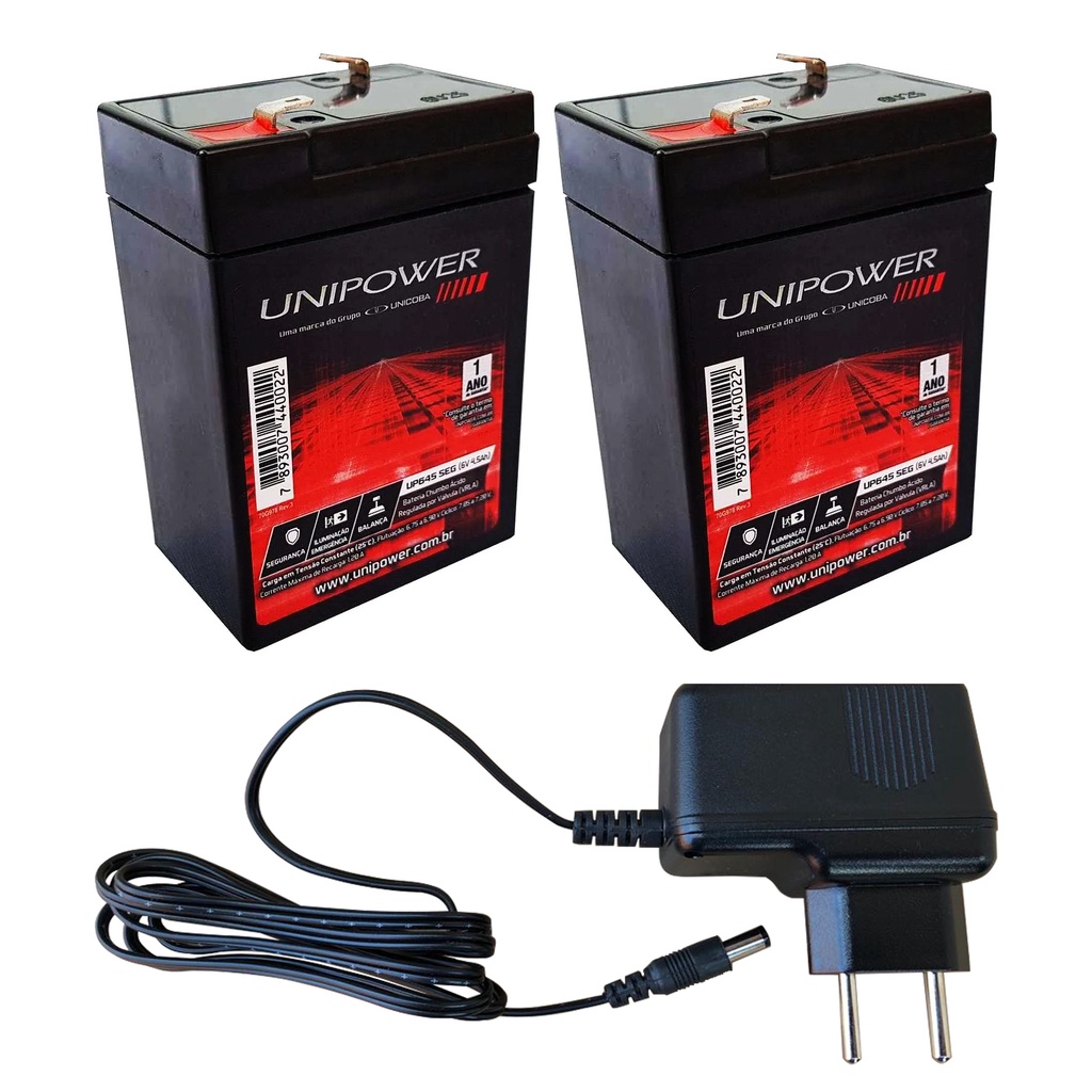 2 Bateria Recarregável Unipower 6v 4,5ah Carregador Bivolt 6v 900mah ...