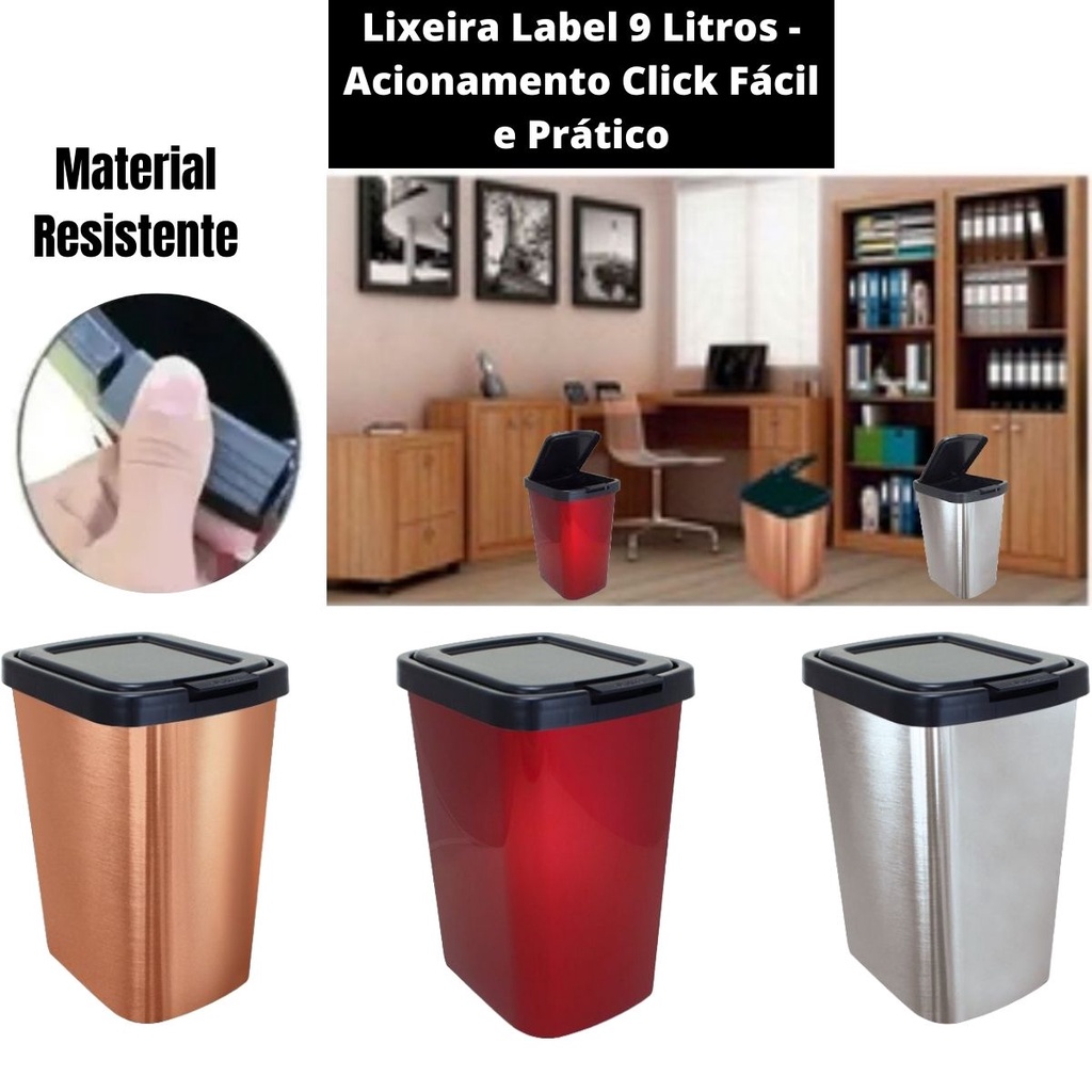 Lixeira Cesto de Lixo Label 9 Litros (Cores: Prata, Rose, Vermelha ...