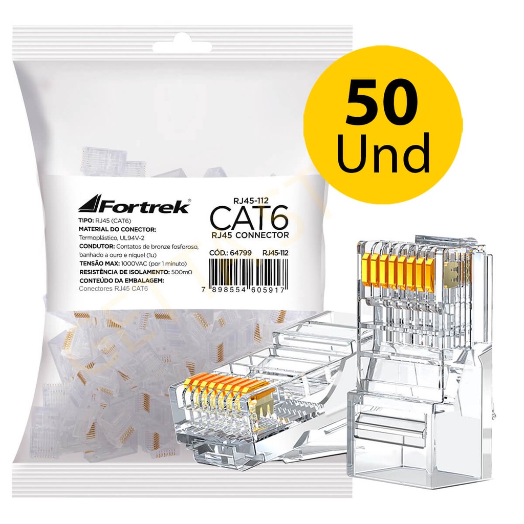 Conector Macho Rj45 Cat6 Fortrek Pacote Com 50 Unidades | Shopee Brasil