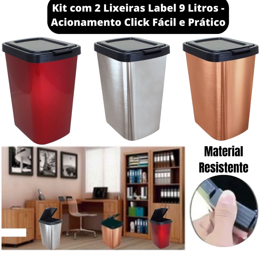 Kit Lixeiras Cesto de Lixo Label 9 Litros COM 2 PCS - Click p/ Banheiro ...