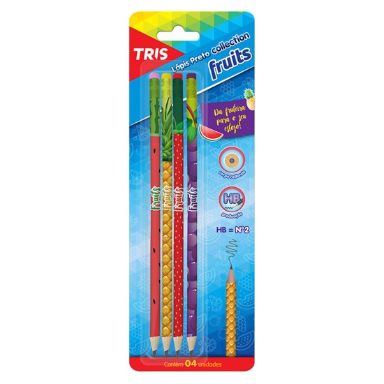 KIT COM 4 LAPIS ESCREVER PRETO HB N2 COM BORRACHA COLLECTION FRUITS TRIS - PRONTA ENTREGA ...
