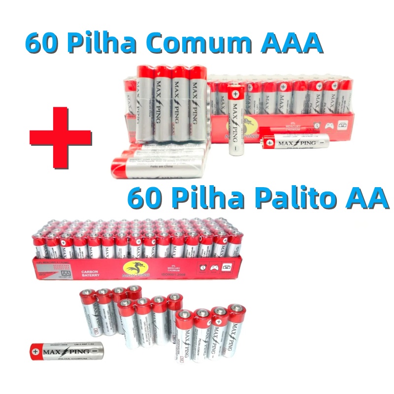 60 Pilha AA Comum + 60 Pilha AAA Palito | Shopee Brasil