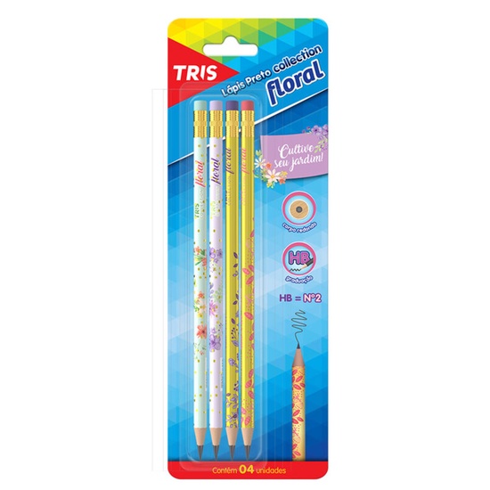 LIT 4 LAPIS ESCREVER PRETO HB COM BORRACHA COLLECTION FLORAL METALIZADO TRIS ORIGINAL - PRONTA ...
