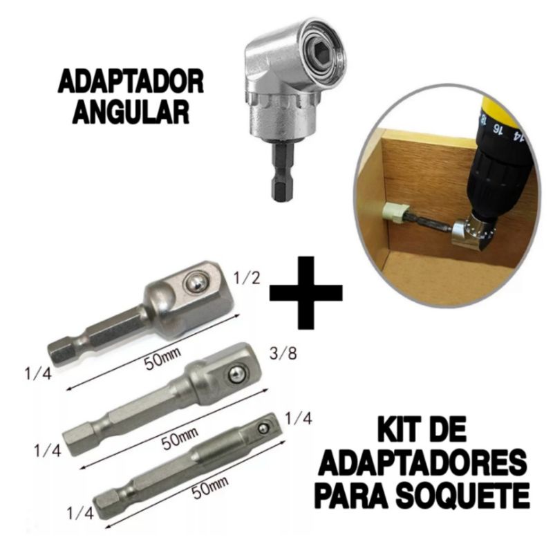Kit Adaptador Angular + 3 Adaptadores Para Soquetes 1/4" 3/8" 1/2 ...