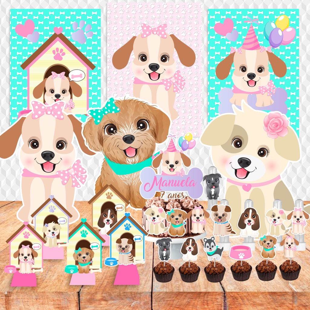 Kit Festa Cachorrinhos Pet *73itens* Topo de Bolo Personalizado Menina | Shopee Brasil